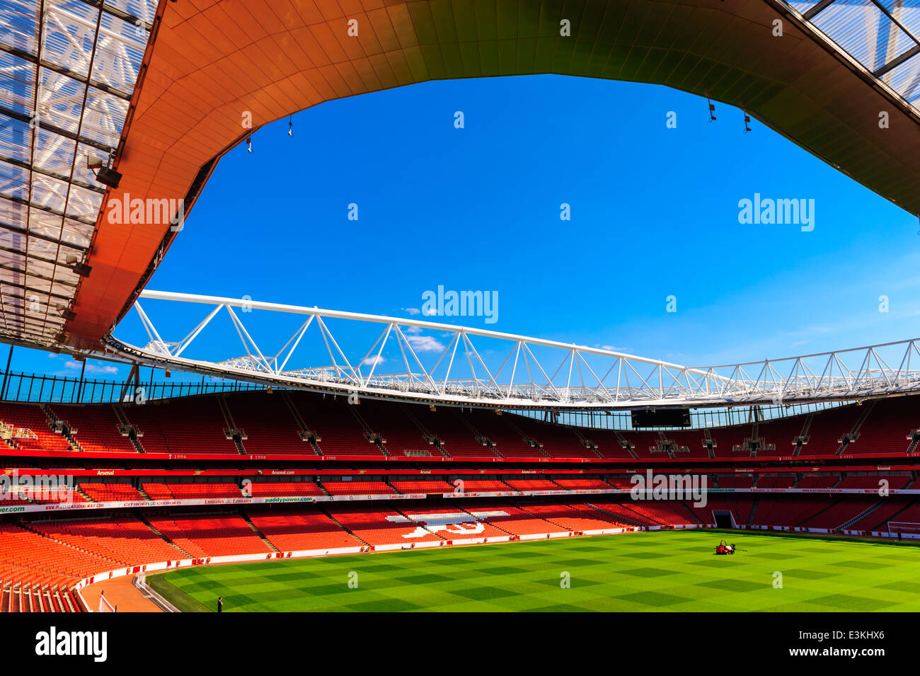 Pitch view, inside The Emirates Stadium, Arsenal Football club. Pitch ...