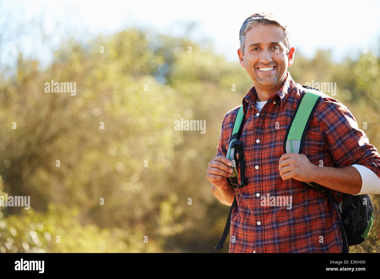 Portrait Of Man Hiking In Countryside Wearing Backpack Stock Photo - Alamy