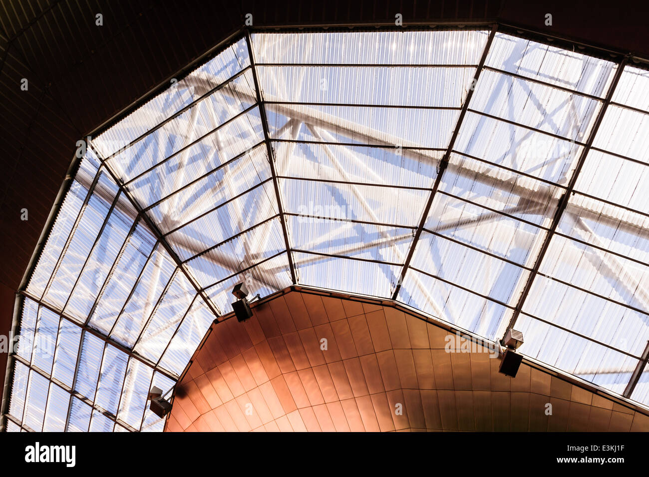 Detail view looking up at the roof structure of The Emirates Stadium ...