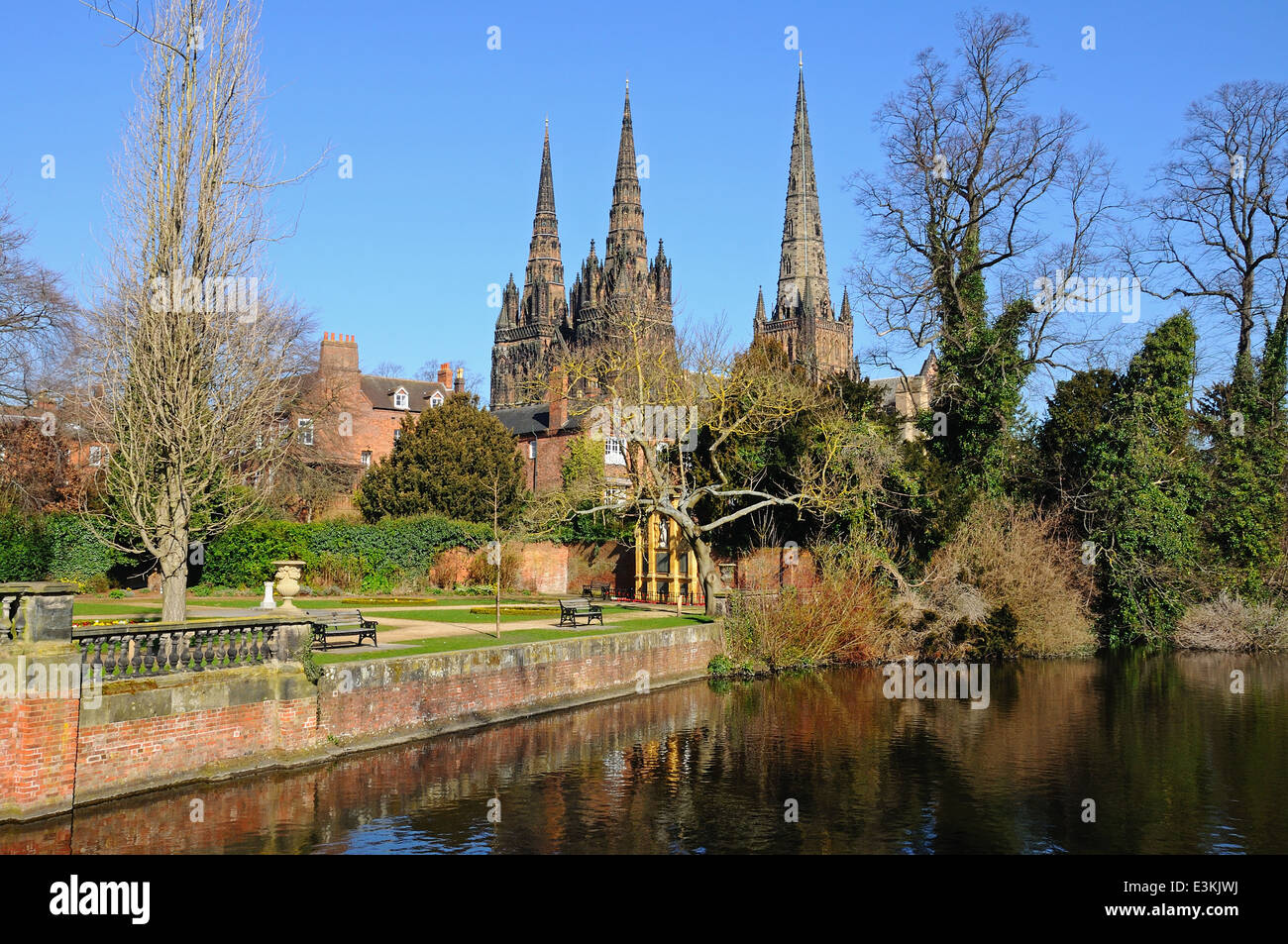 Cathedral and Remembrance Gardens seen across Minster Pool, Lichfield ...