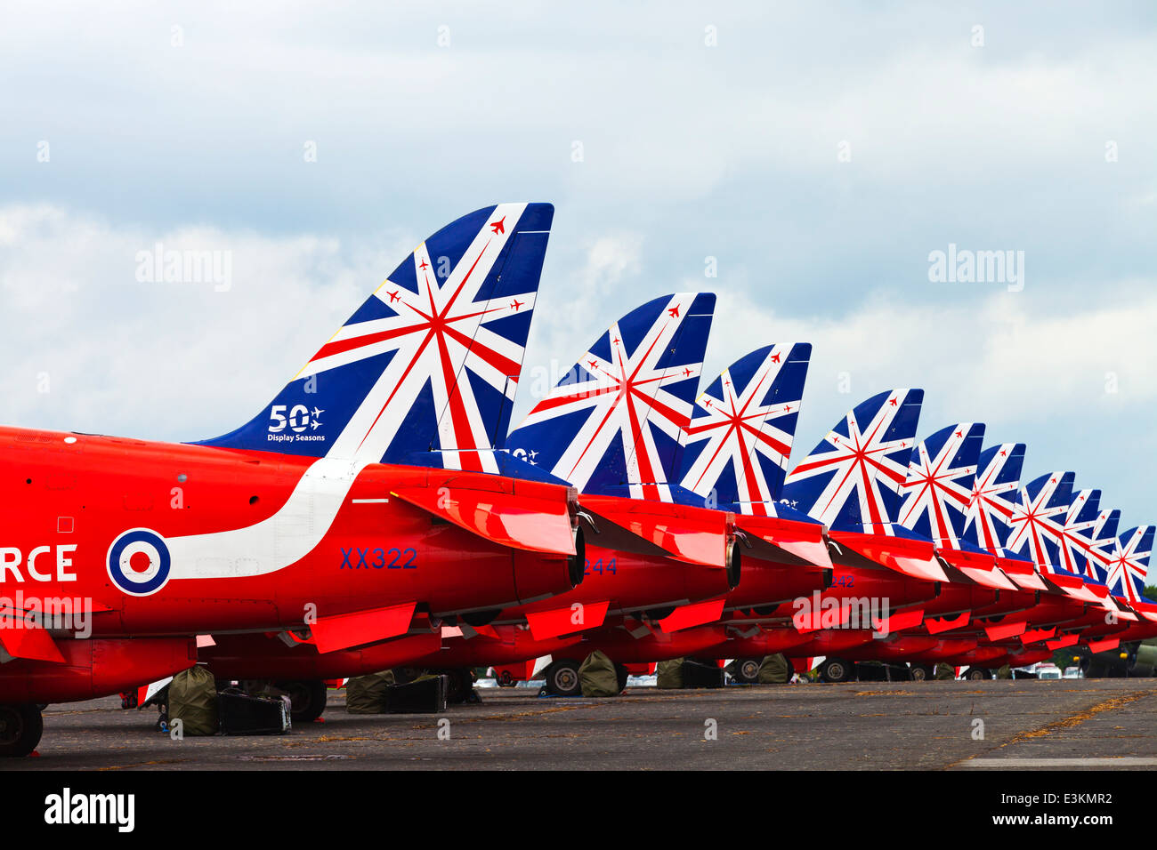 Tails of Red Arrows super jets with British Union Jack markings ...