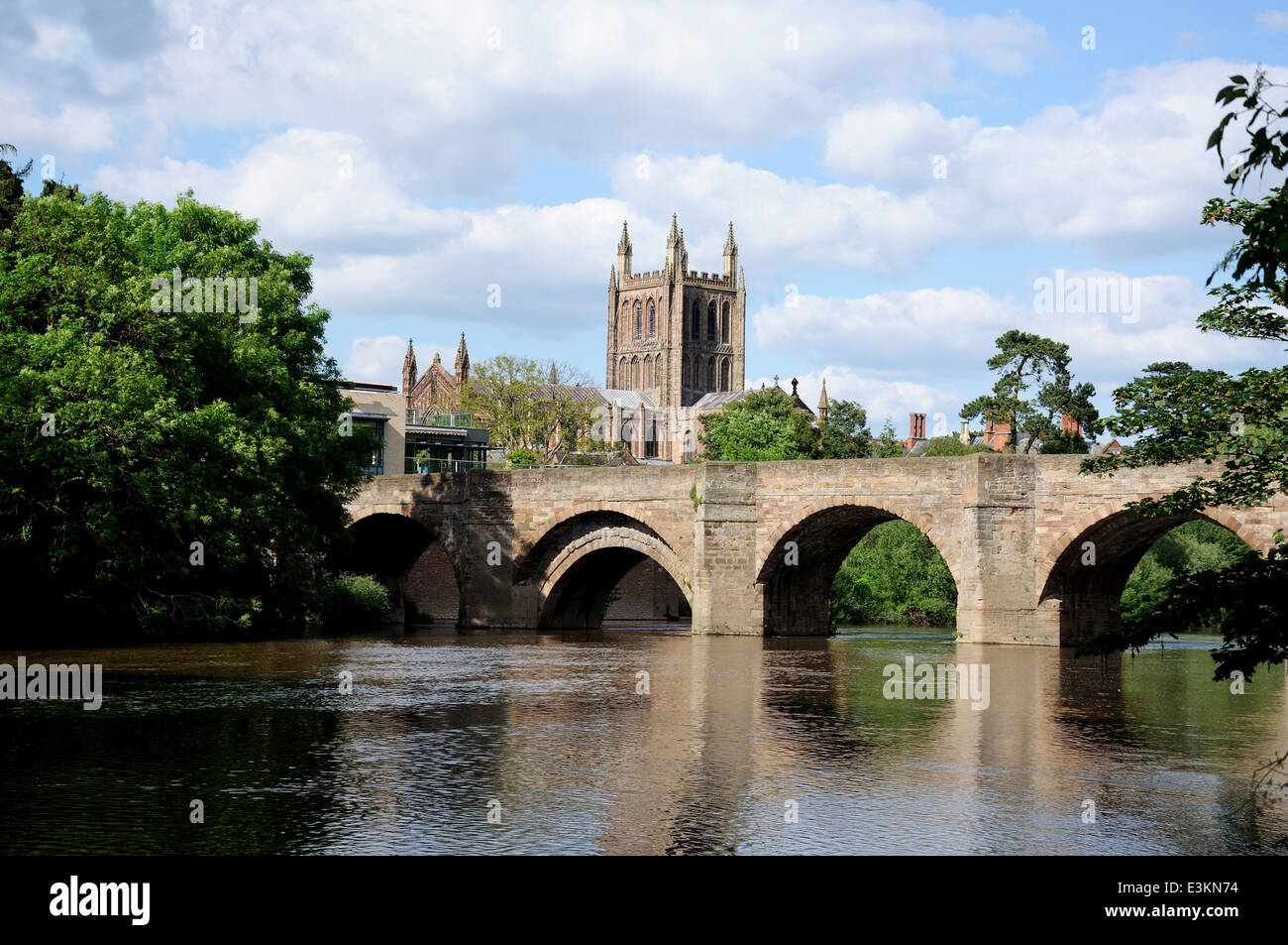 View of the Cathedral, the Wye Bridge and the River Wye, Hereford ...