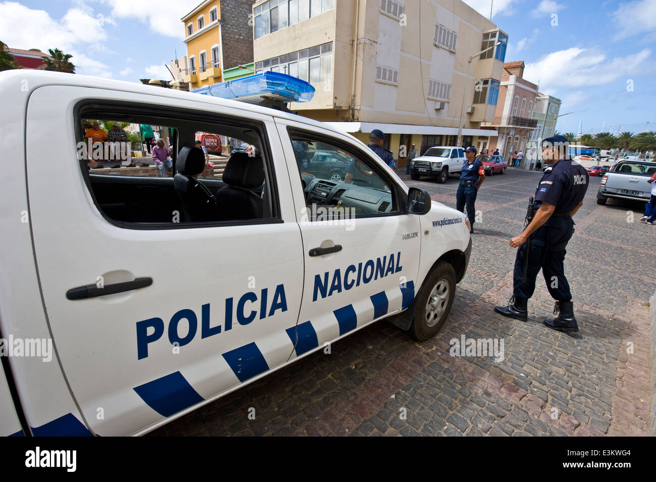 A police vehicle in the street of Mindelo, the only town on Sao Vicente ...