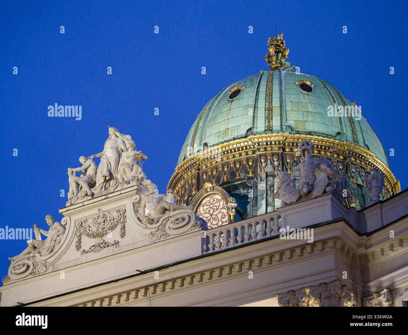 Gilded Copper dome over the Hofburg Palace. Floodlit dome at one of the ...