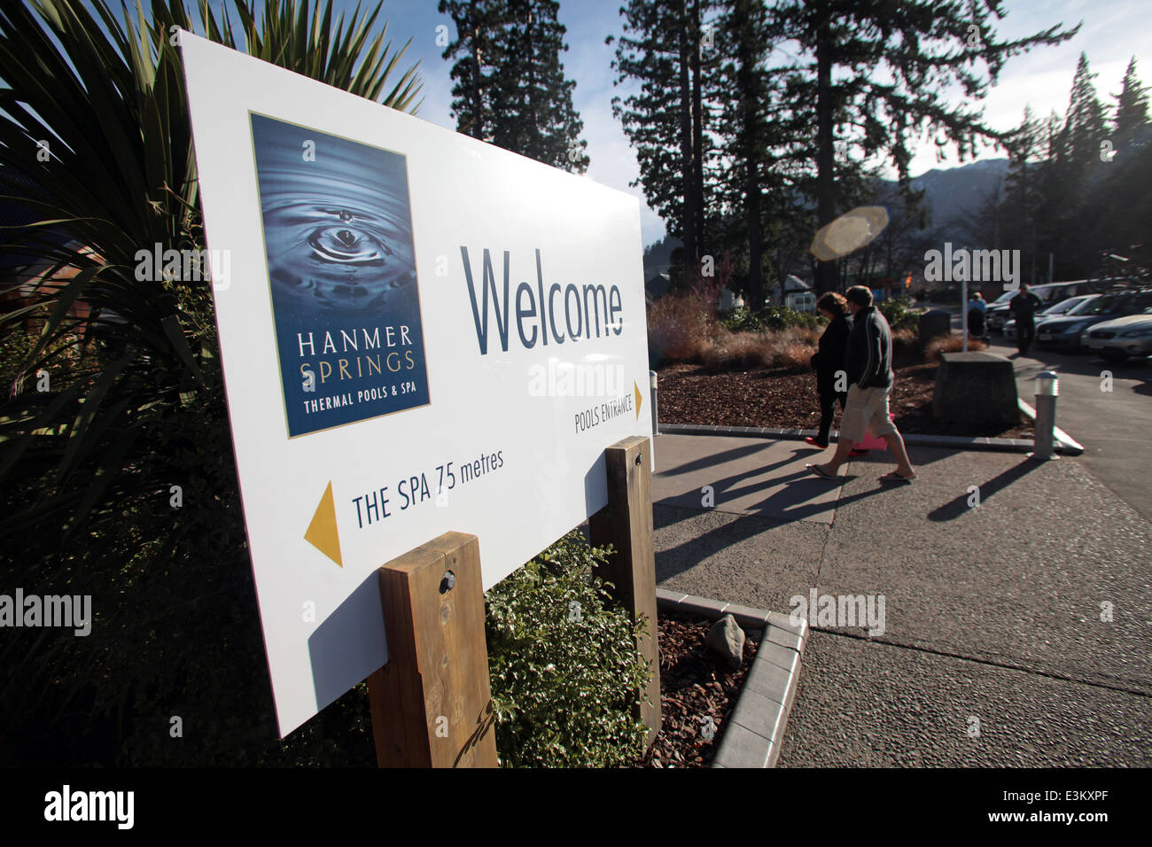 Welcome sign at Hanmer Springs Thermal Pools and Spa, New Zealand Stock ...
