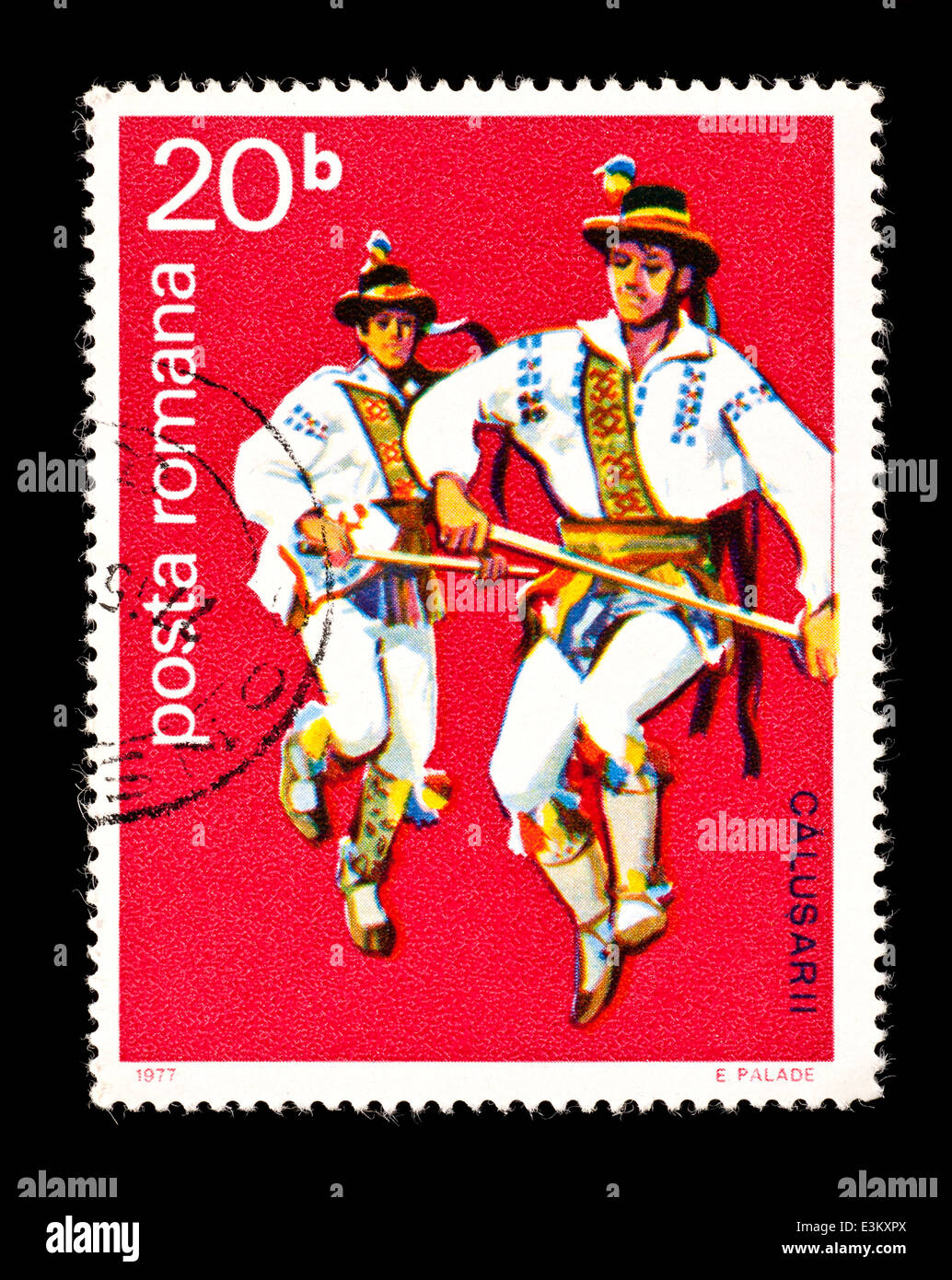 Postage stamp from Romania depicting a Calusarii folk dancer Stock ...