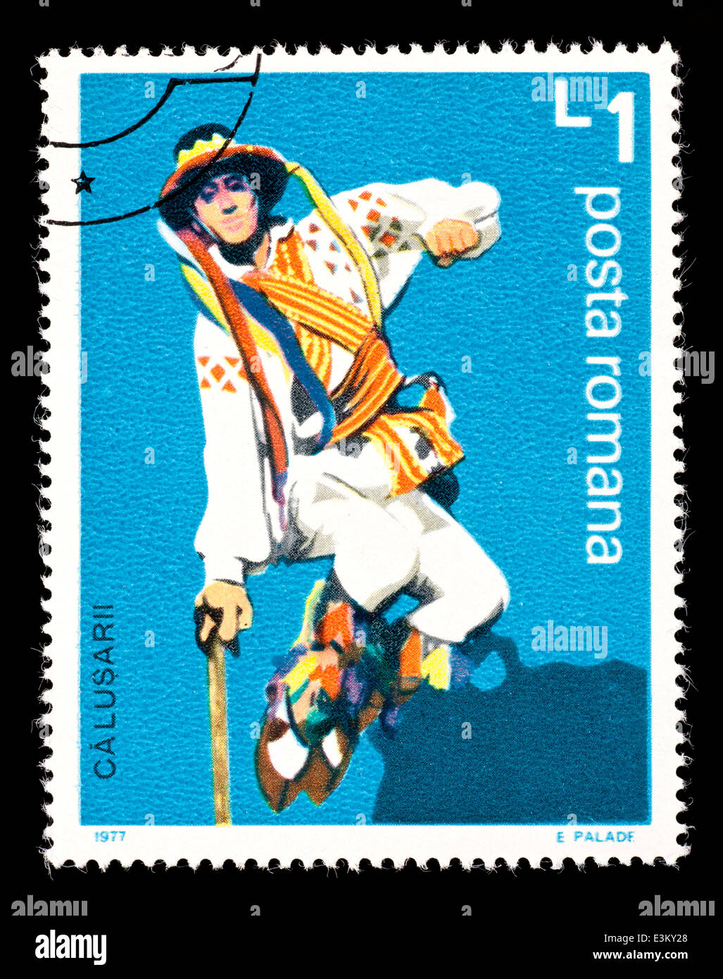 Postage stamp from Romania depicting a Calusarii folk dancer Stock ...