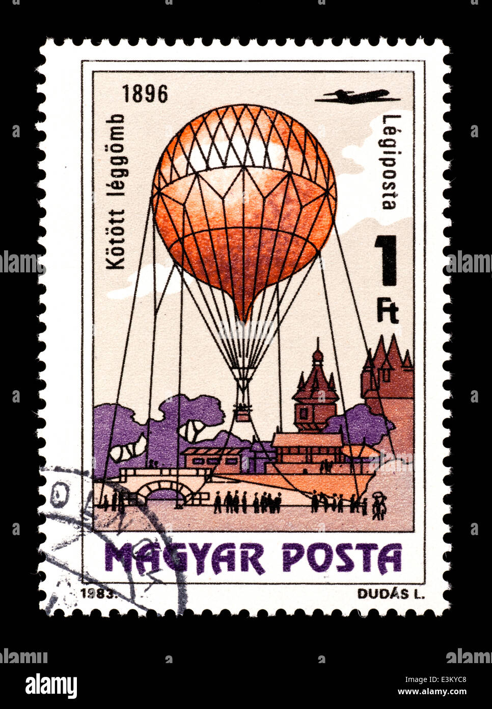 Postage stamp from Hungary depicting an early hot air balloon from 1896 ...