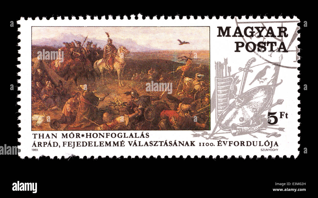 Postage stamp from Hungary depicting the Mor Than painting "Conquest of ...
