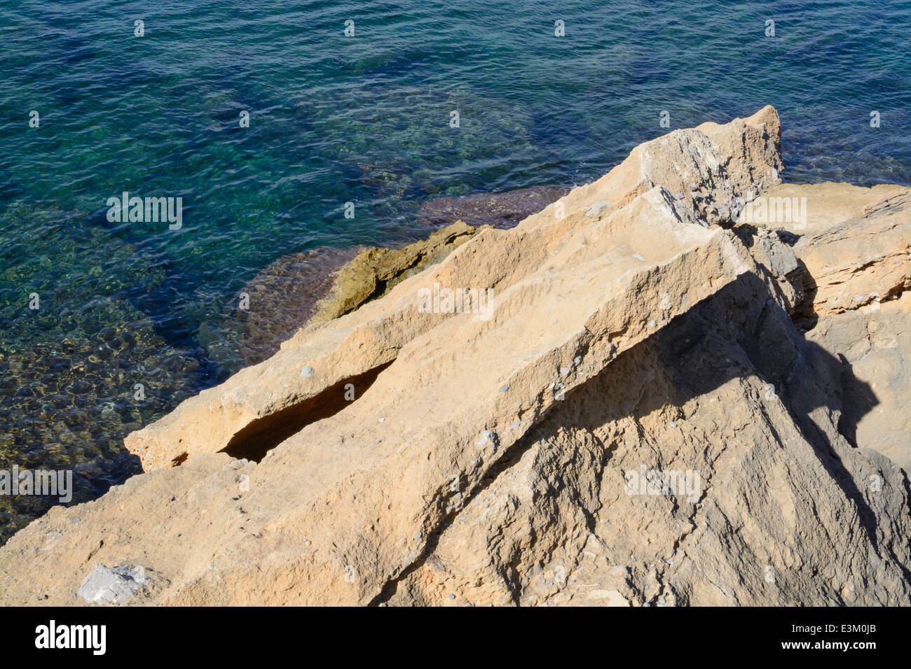 Blocks of layered limestone rock, Mallorca, Balearic islands, Spain ...