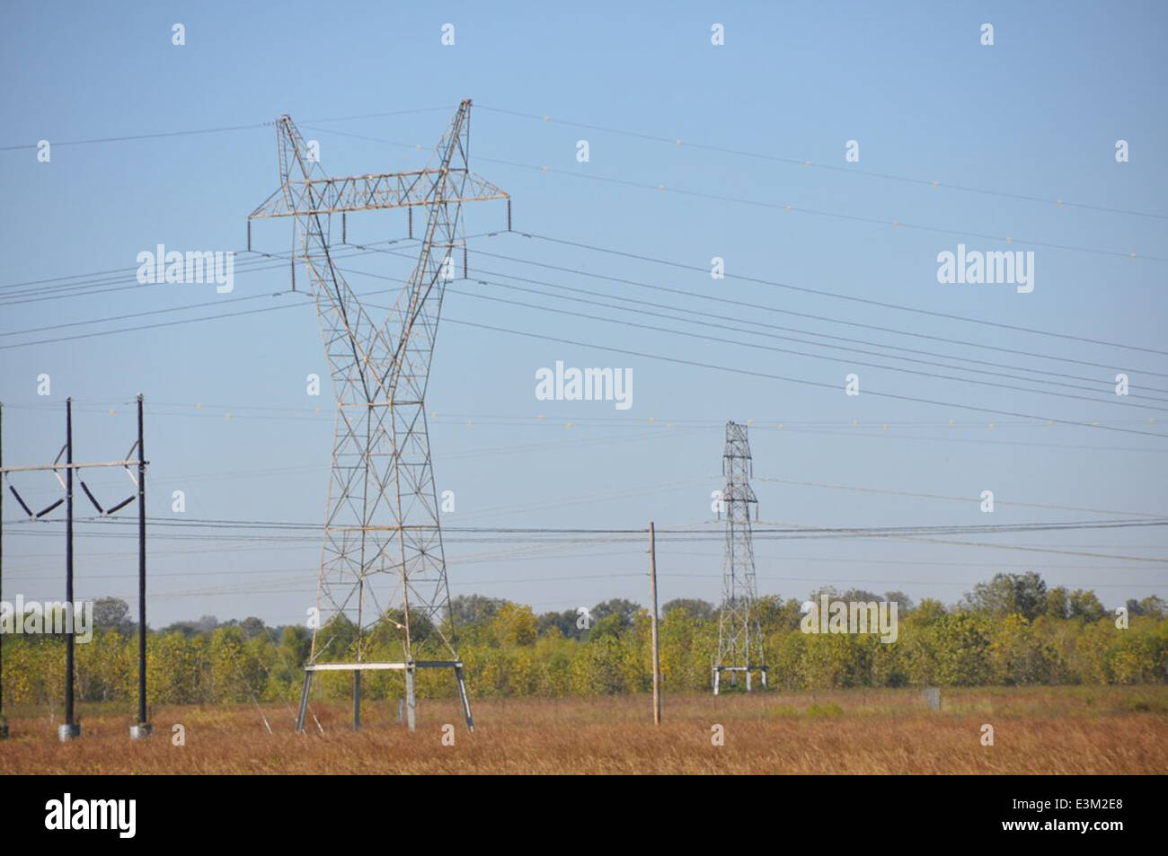 A general landscape featuring power lines and aviation bird diverters ...