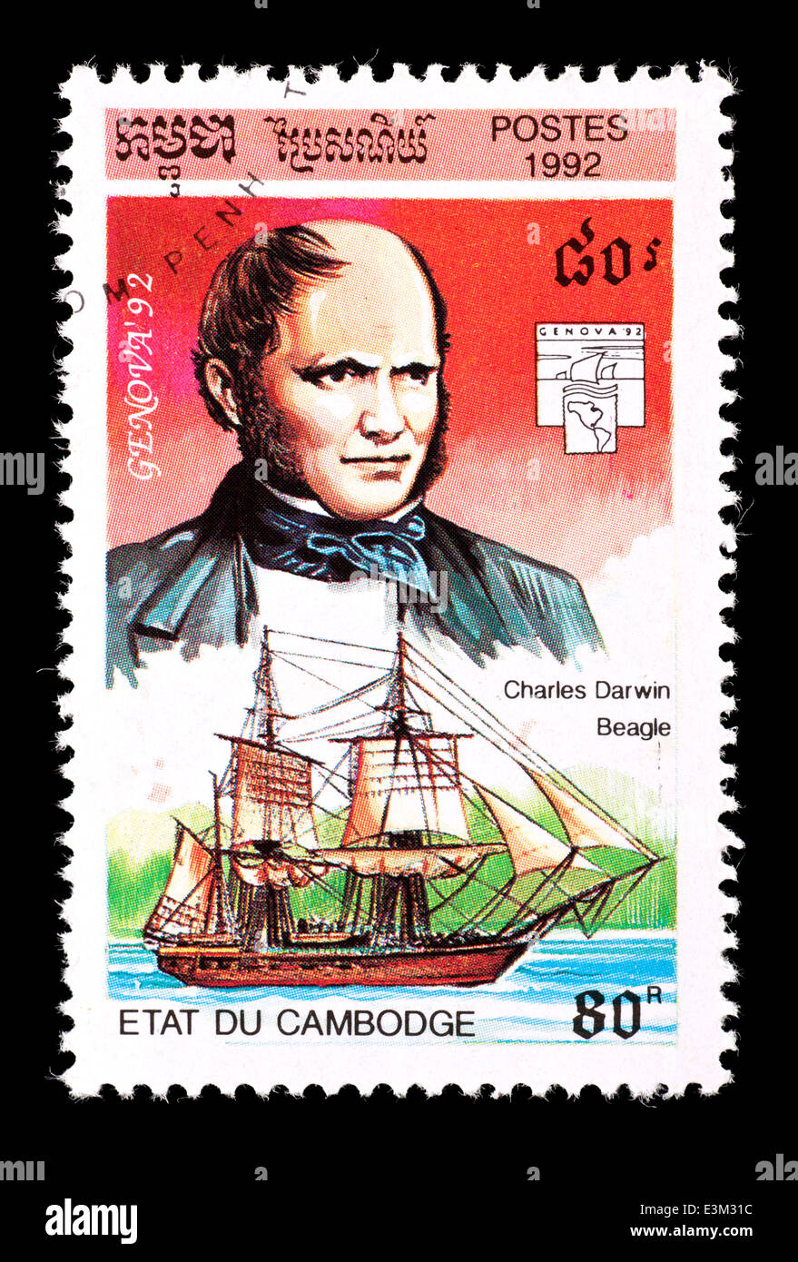 Postage stamp from Cambodia depicting Charles Darwin and the Beagle ...