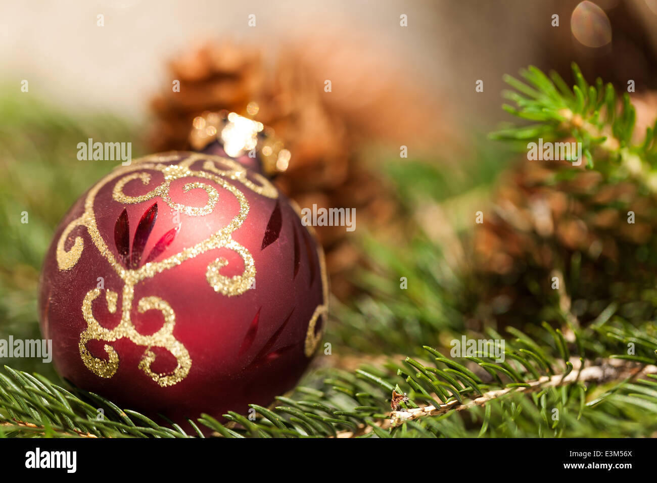 Christmas background with colourful shiny red and gold Xmas baubles ...