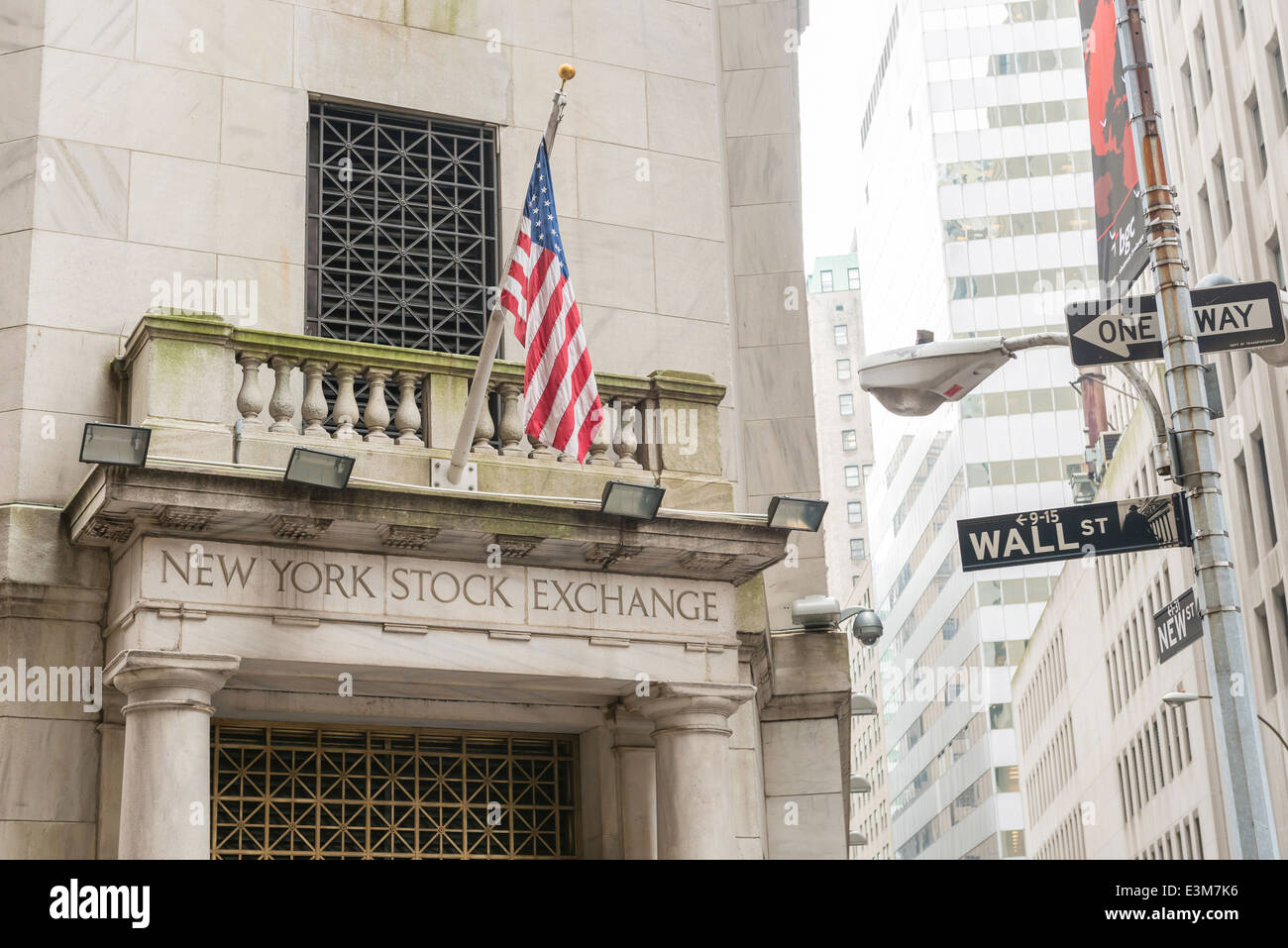 Wall Street sign to the New York Stock Exchange Building, New York City ...