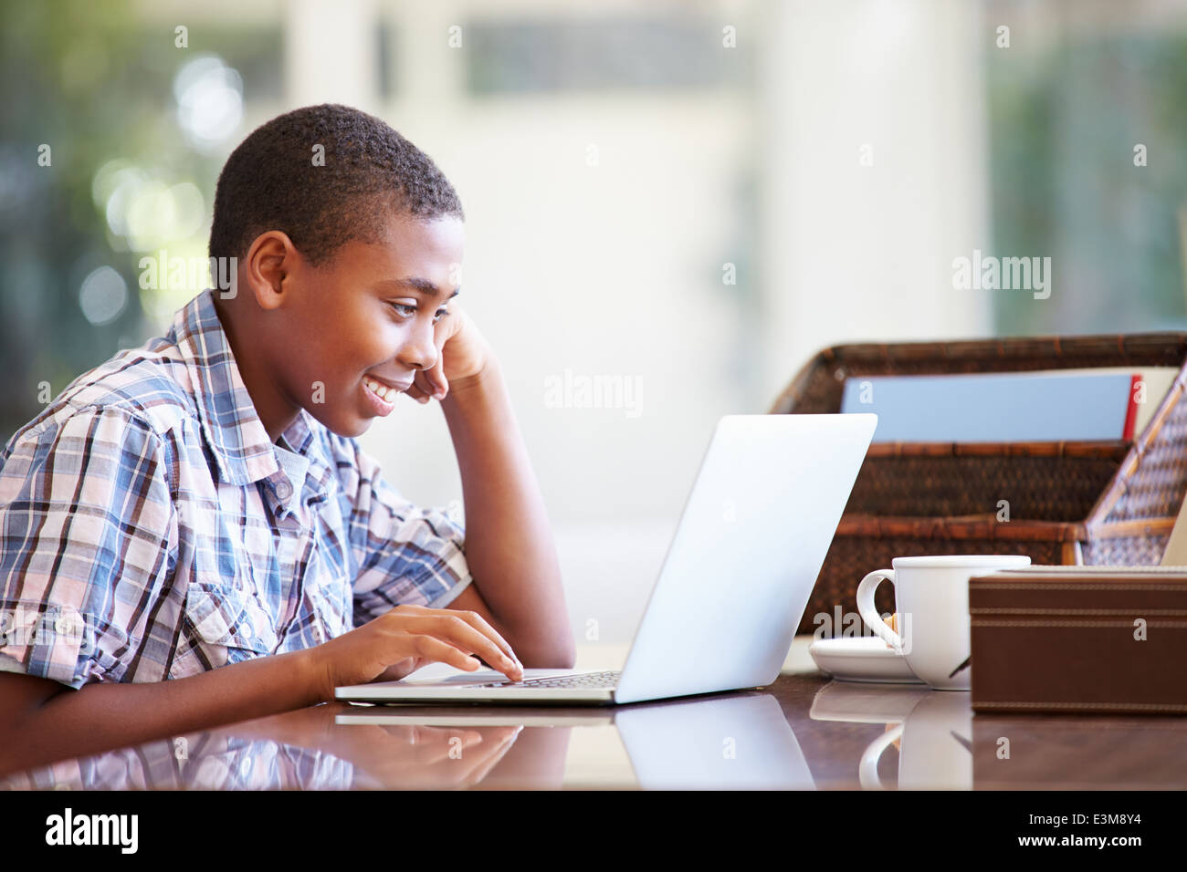 Boy Using Laptop On Desk At Home Stock Photo - Alamy