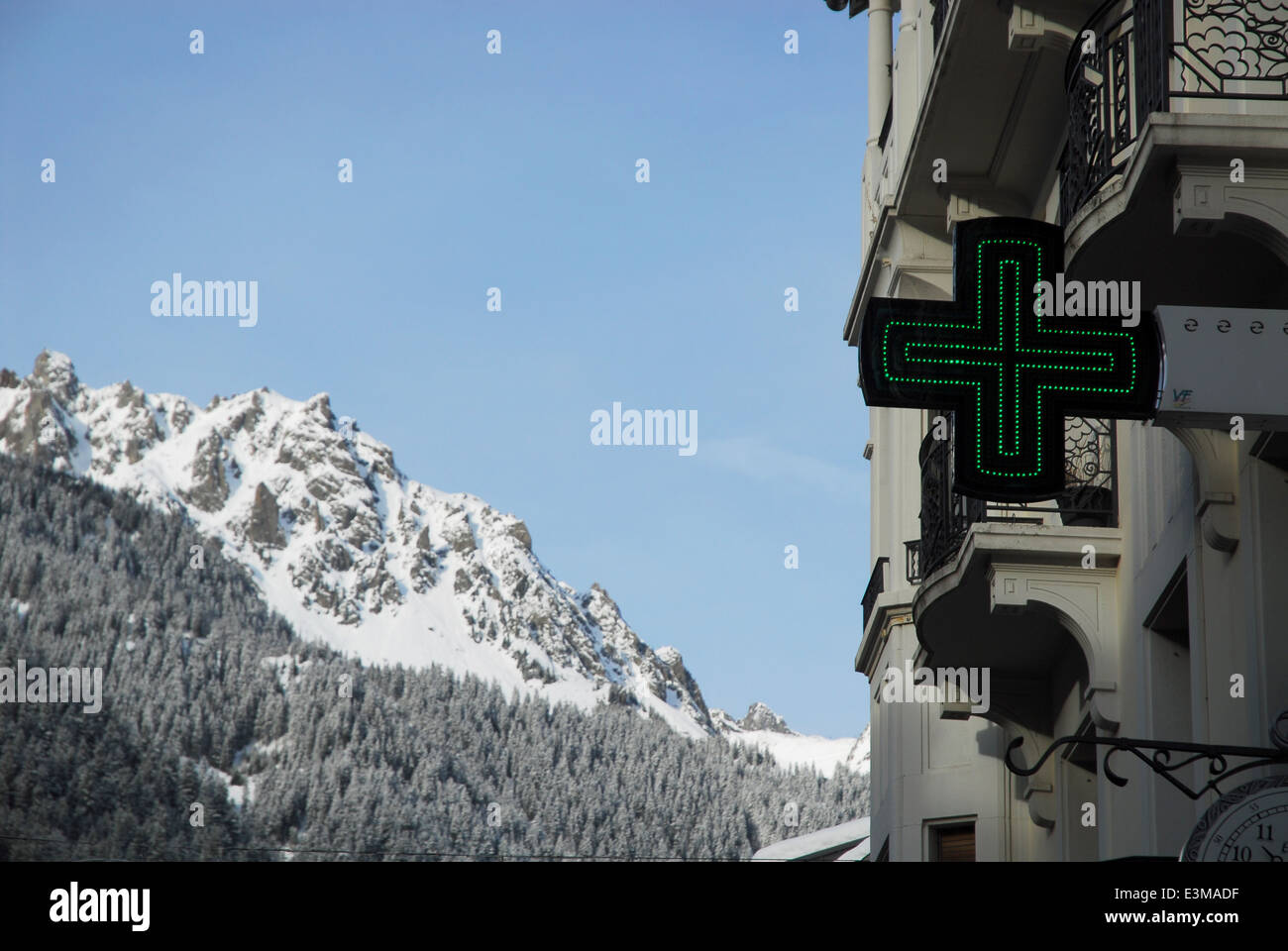Pharmacy sign seen from a street in Chamonix, France Stock Photo - Alamy