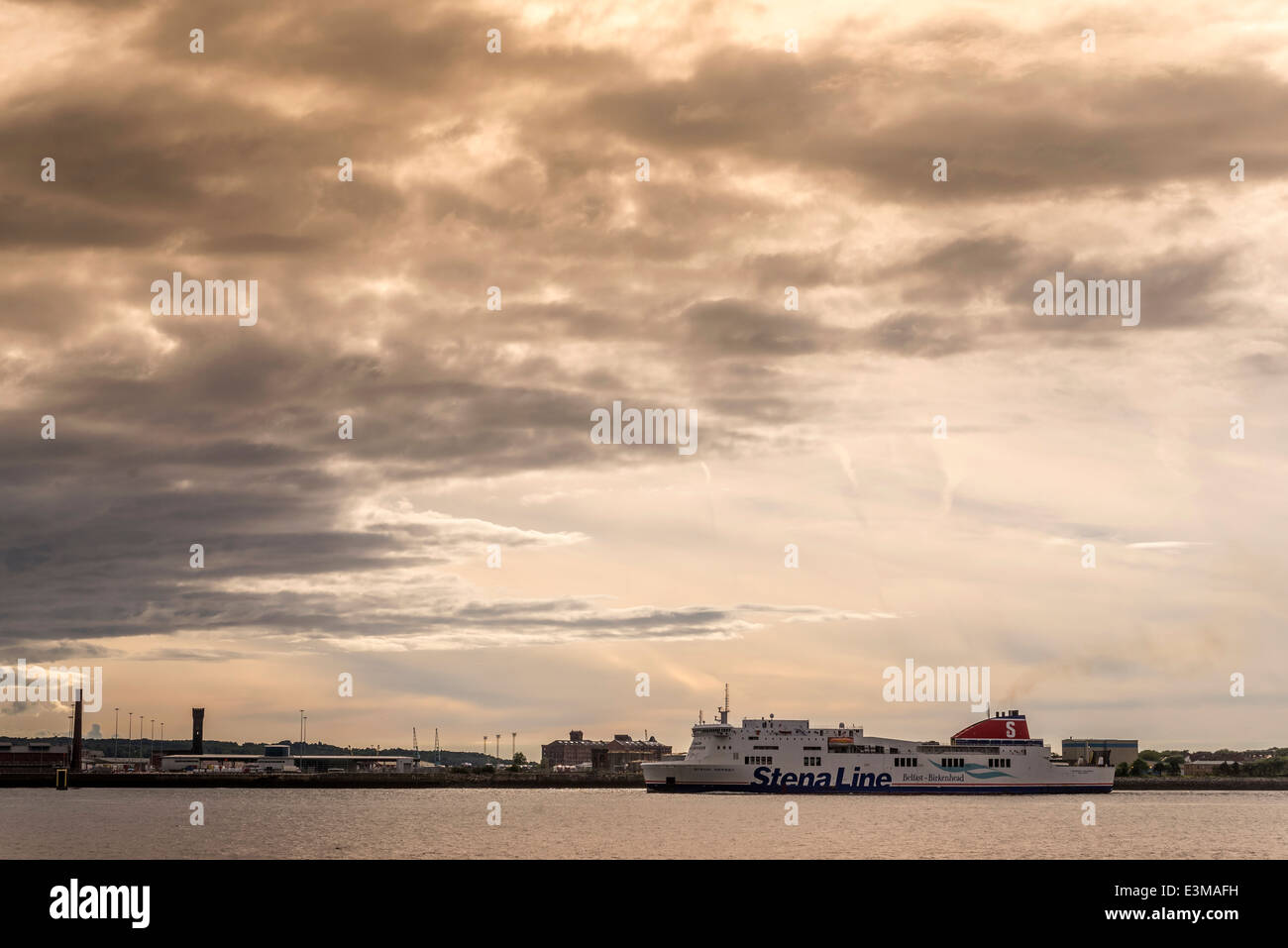 A Stena line ro-ro ferry at 12 quays in the evening glow looking ...