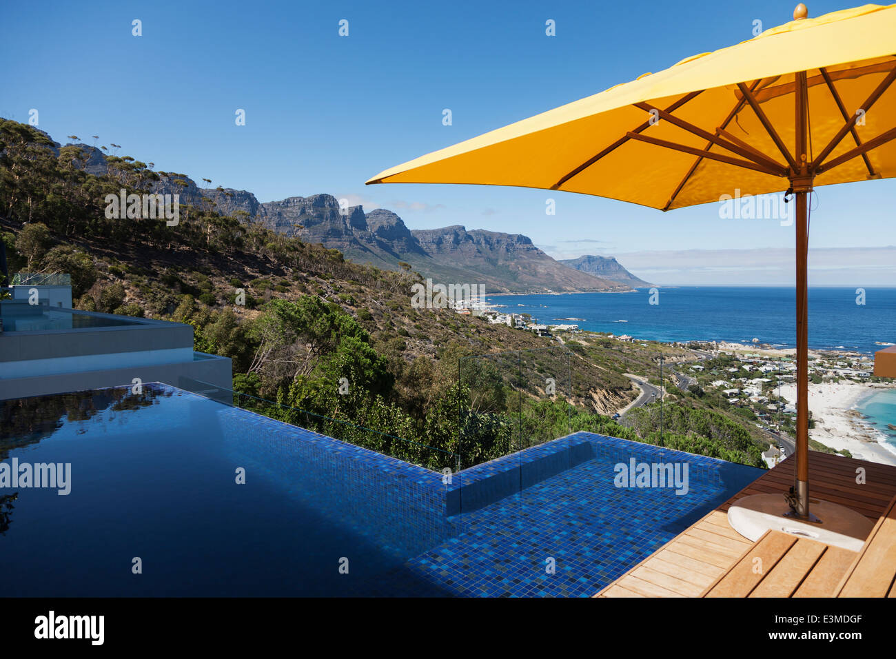 View of ocean from sunny patio with infinity pool Stock Photo - Alamy
