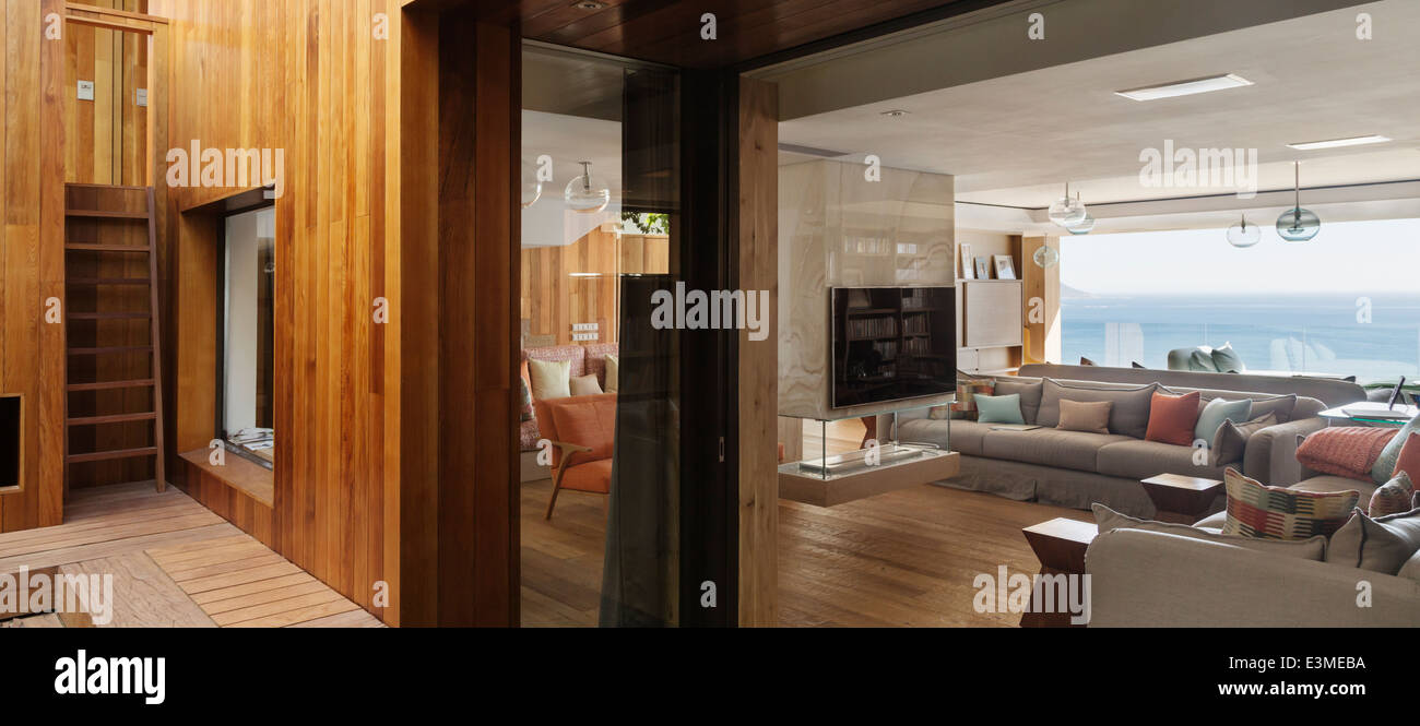 View of modern living room from courtyard Stock Photo - Alamy