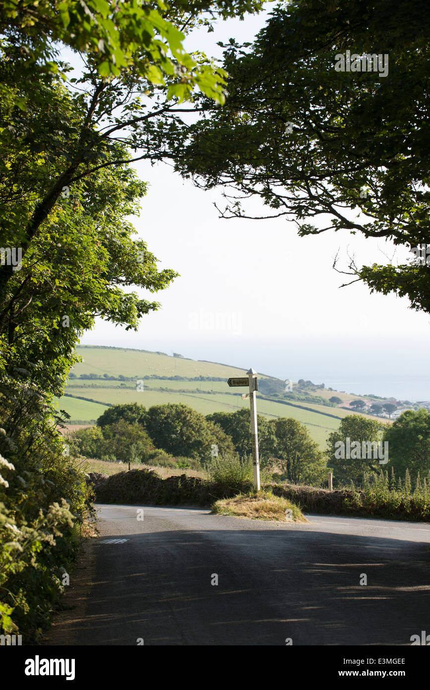 Roadside signpost at Pond Green in Bigbury countryside south Devon ...