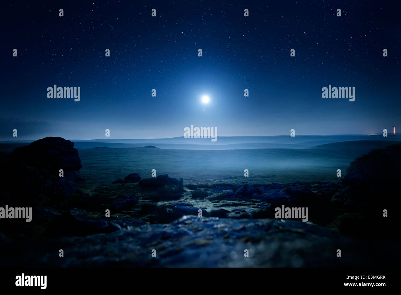 Moonlight Landscape. Glowing mist from moonlight over Dartmoor, UK ...