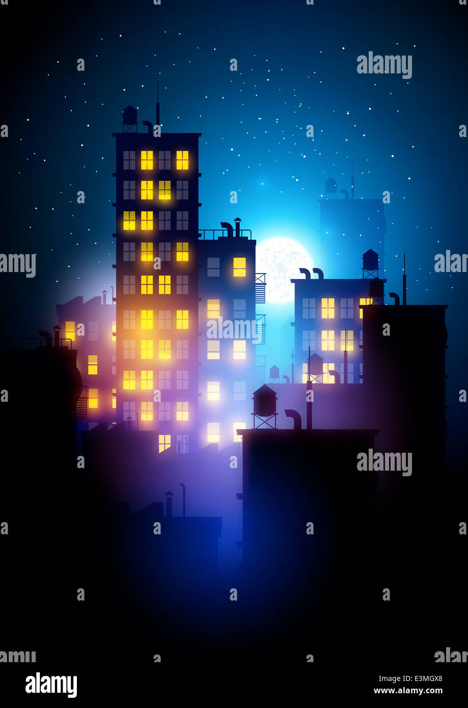 Urban City At Night. Vector illustration of apartment blocks in a city ...