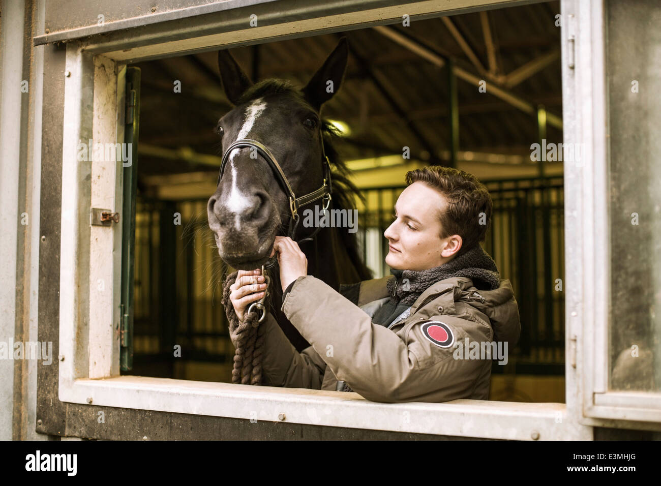 Young man with horse in stable Stock Photo - Alamy