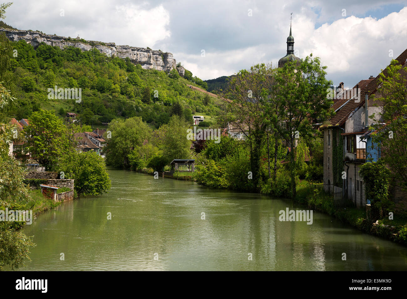 French river La Loue with city of Ornans, Franche-Comté, Doubs, France ...