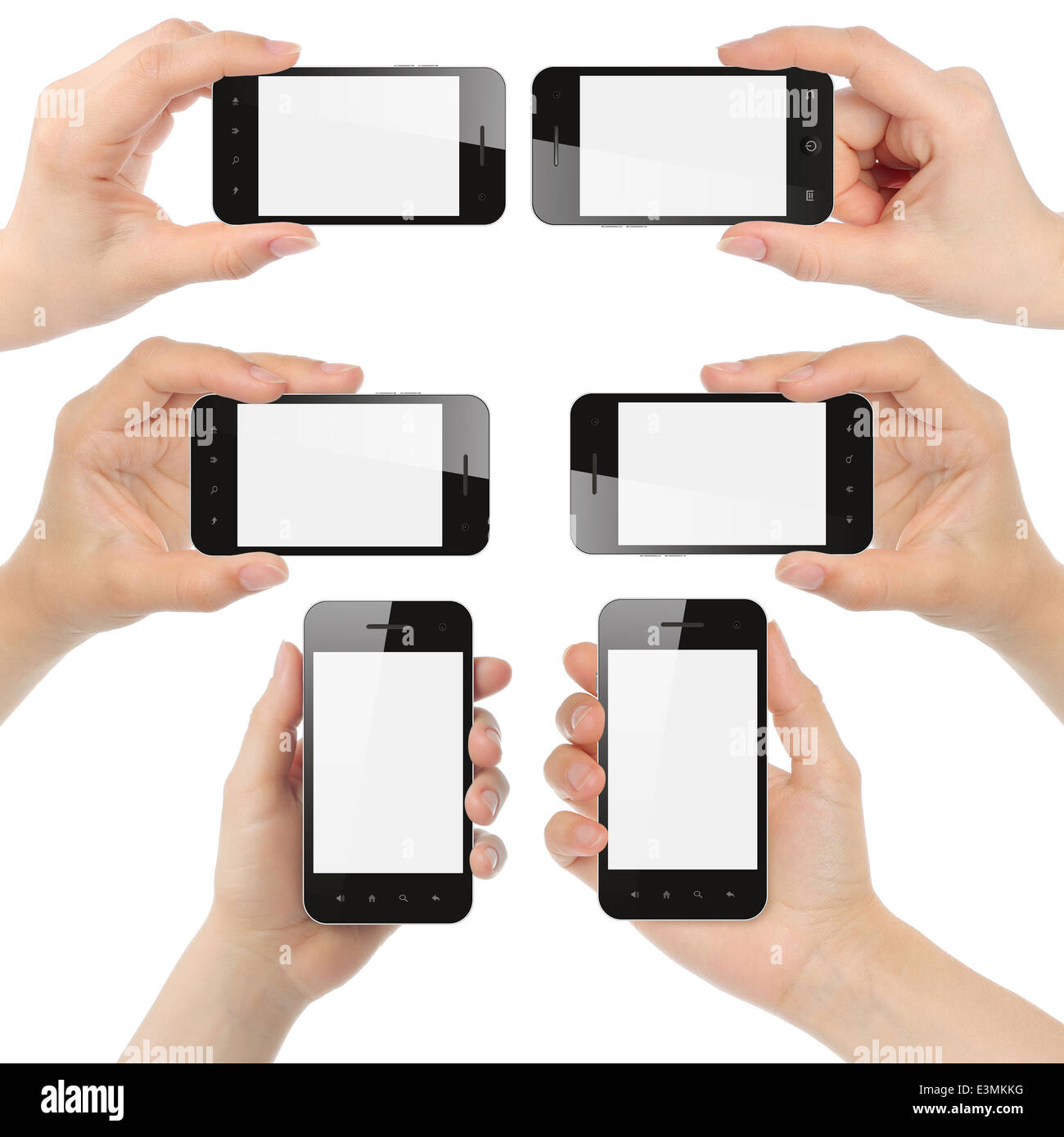 Hands holding smart phones isolated on white background Stock Photo - Alamy