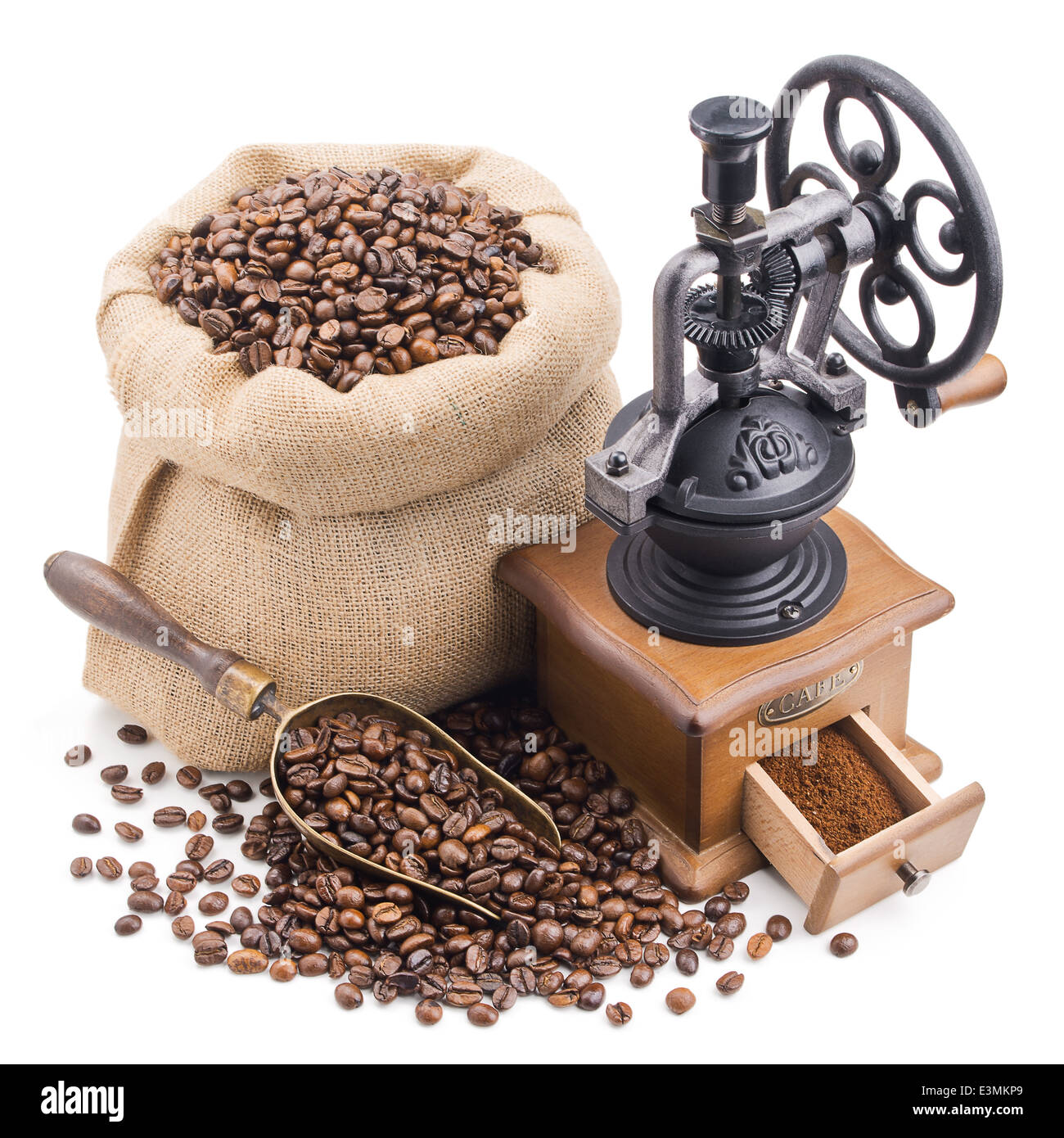 sack of coffee beans with retro grinder isolated on white background ...