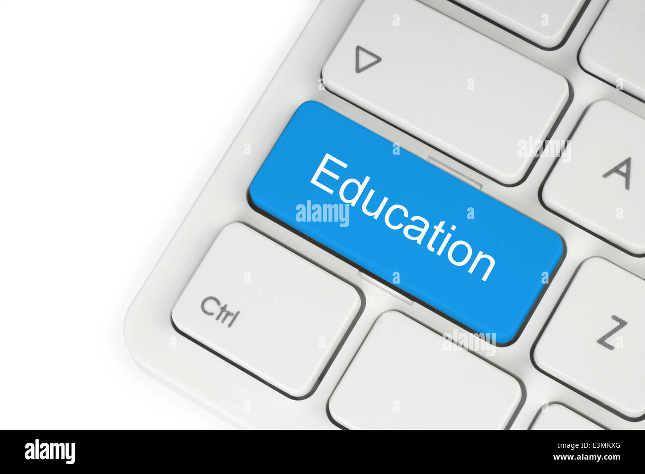 Blue education button on keyboard on white background Stock Photo - Alamy