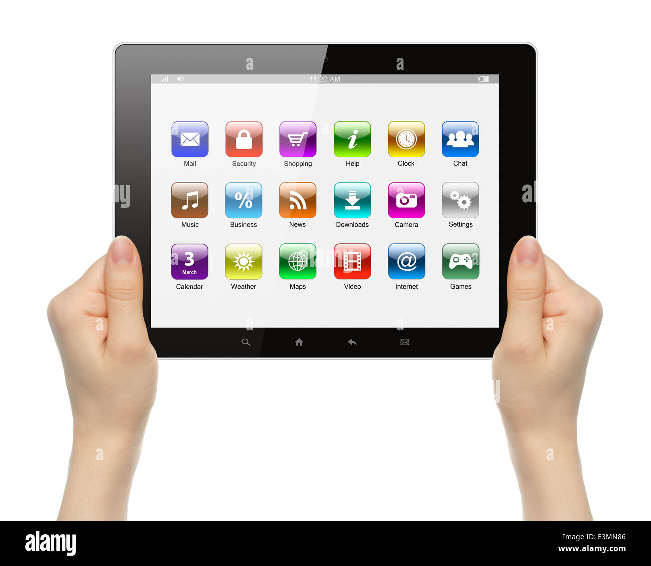 Woman hands holding tablet PC with icons on white background Stock ...