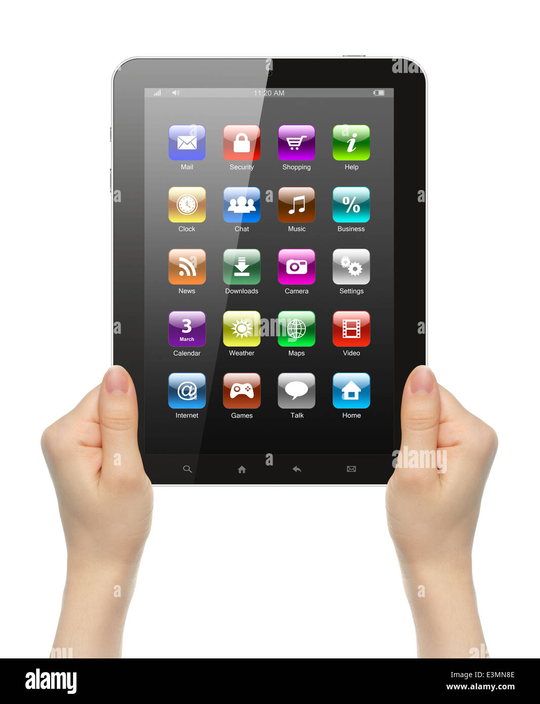 Woman hands holding tablet PC with icons on white background Stock ...