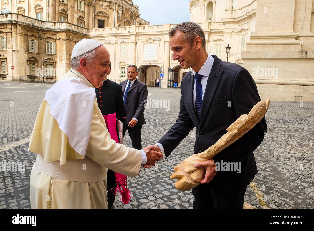 Vatican City. 25th June, 2014. Pope Francis bless a statue gifted by ...