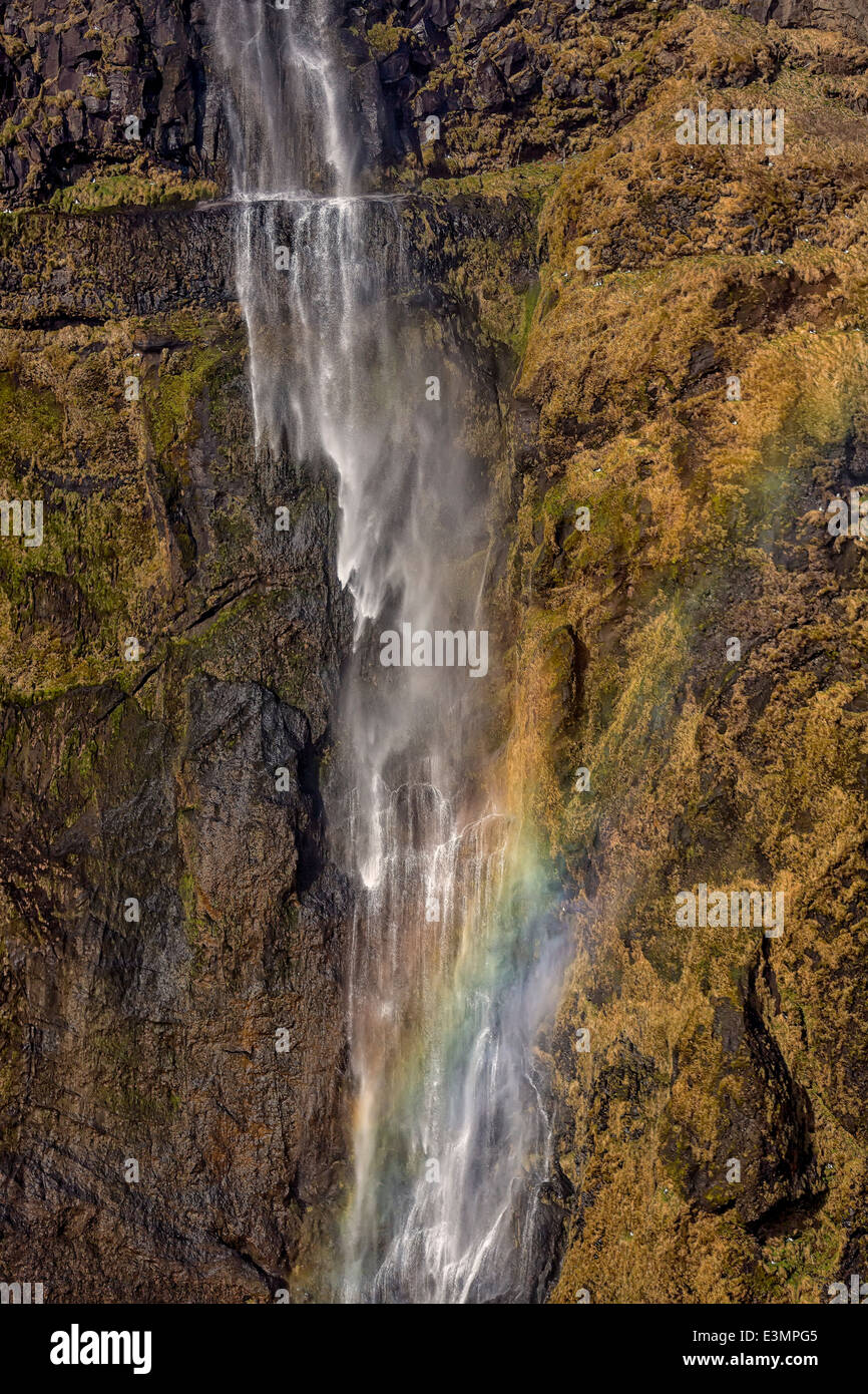 Aerial view of a waterfall and rainbow in the Eyjafjoll area, Iceland ...