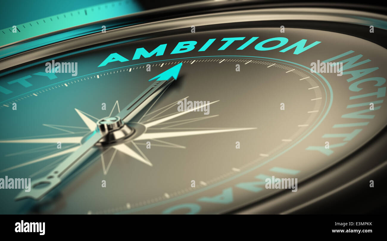 Compass needle pointing the word ambition over black background ...