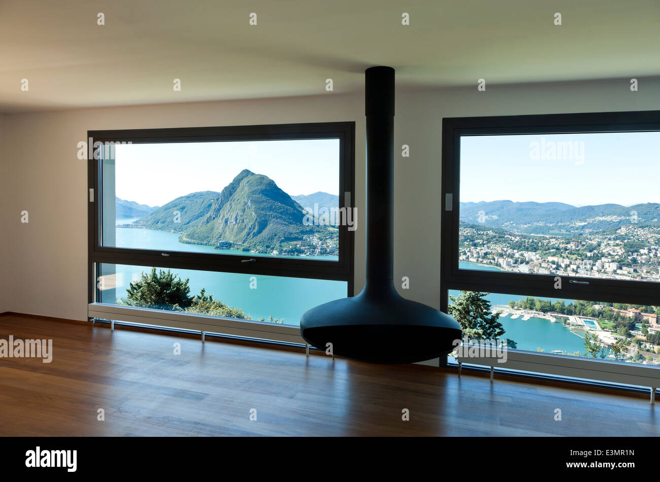 Modern apartment, large living room with panoramic view Stock Photo - Alamy