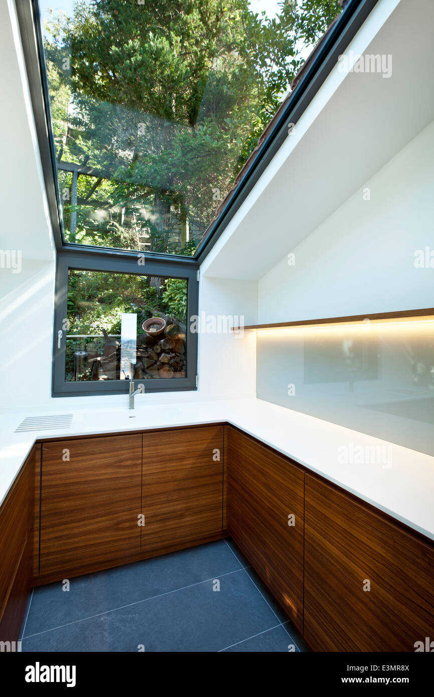 Modern empty apartment, kitchen with panoramic window Stock Photo - Alamy