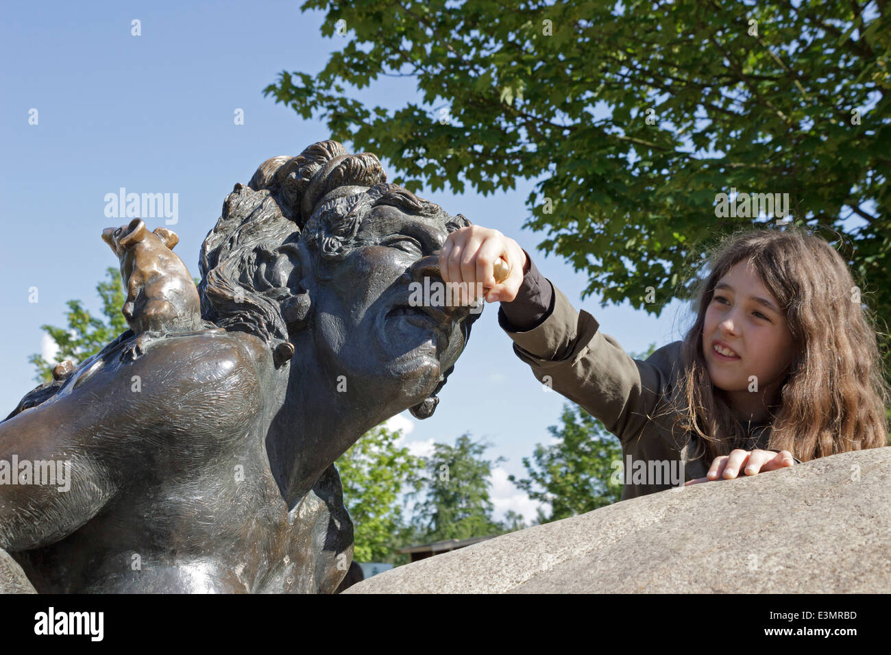 girl, statue of a witch, witches´ dancing place, Thale, Harz Mountains ...
