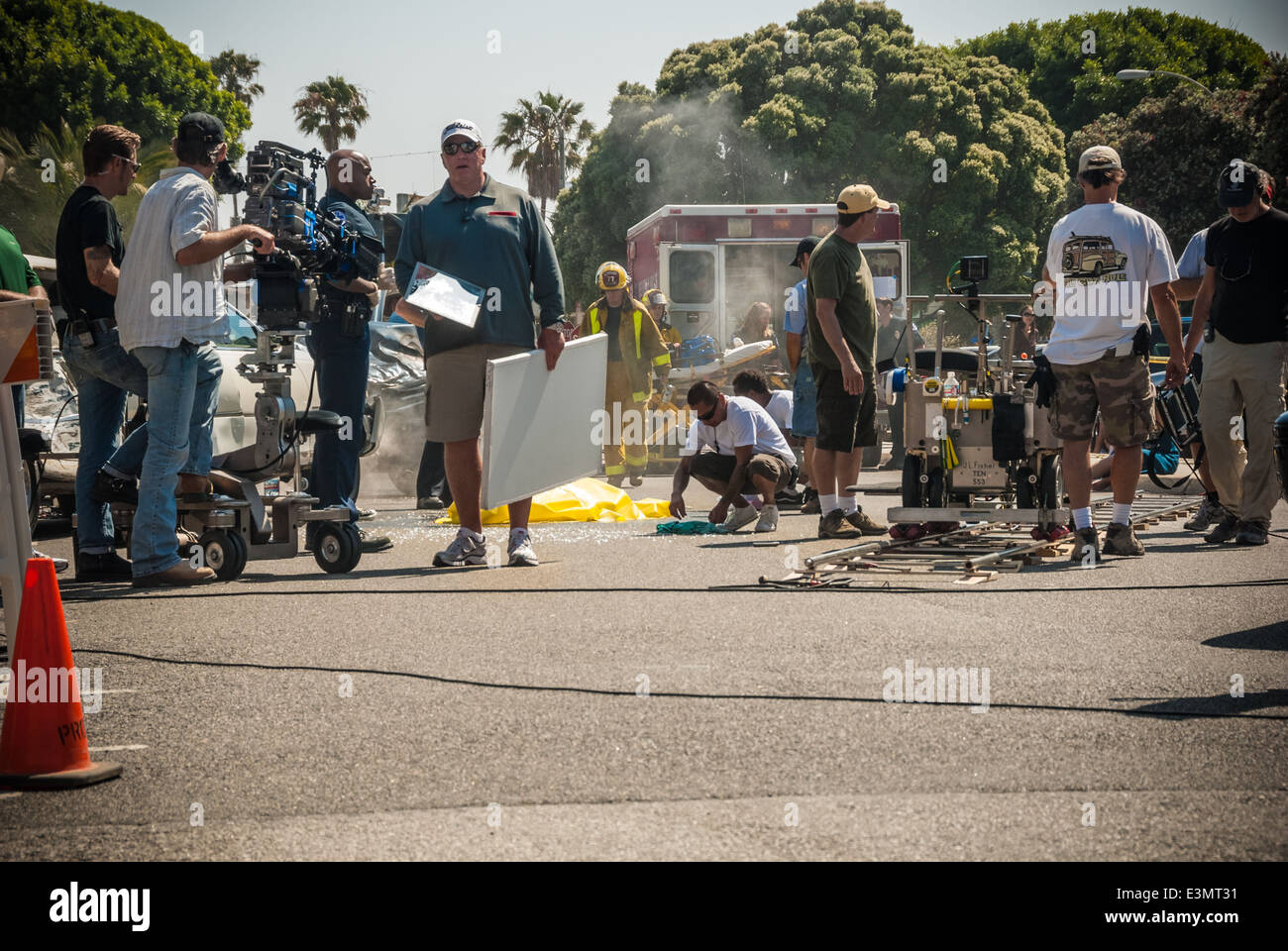 Outdoor film production scene in Redondo Beach, California, of ...