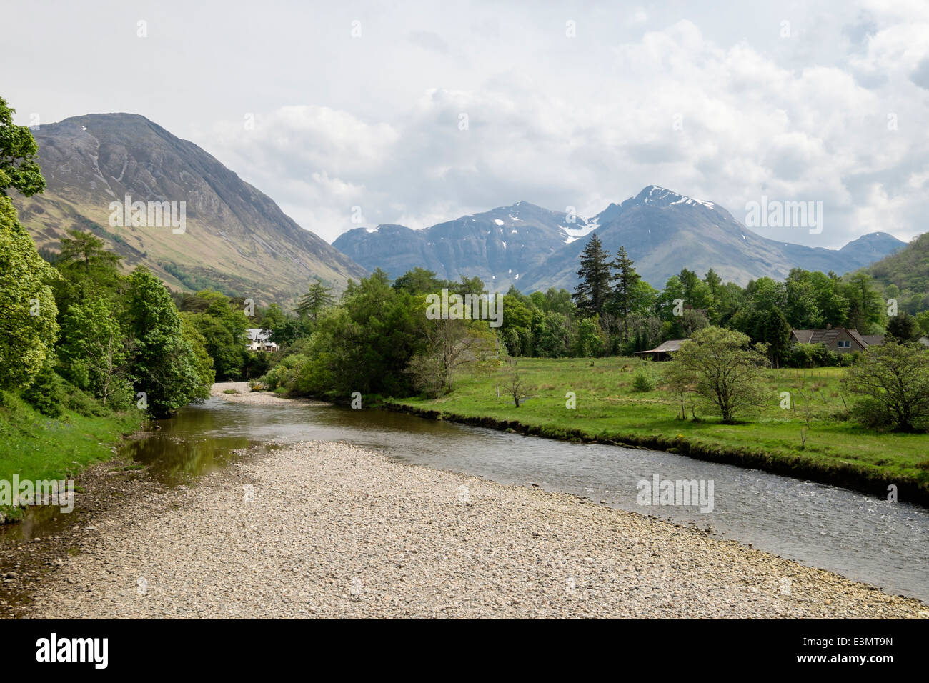 View along River Coe to the mountains of Glen Coe. Invercoe, Glencoe ...