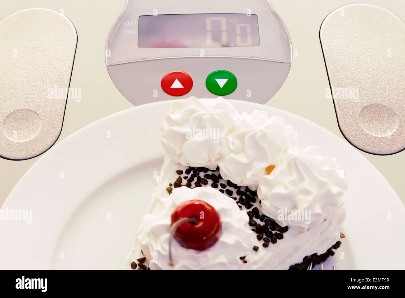 Cake on bathroom scale symbolizes overweight Stock Photo - Alamy
