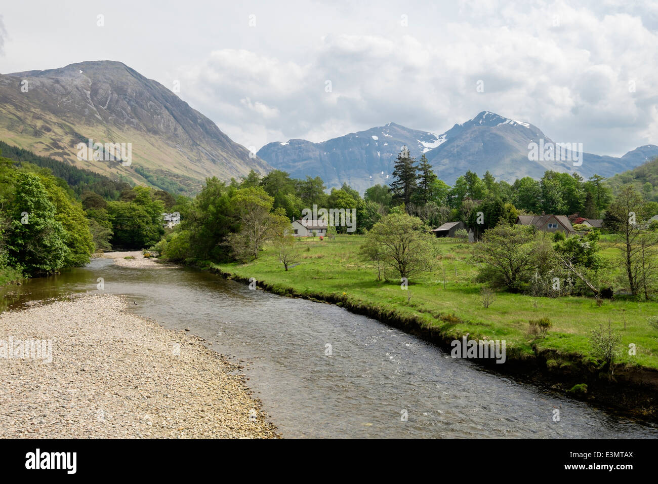View along River Coe to the mountains of Glen Coe. Invercoe, Glencoe ...