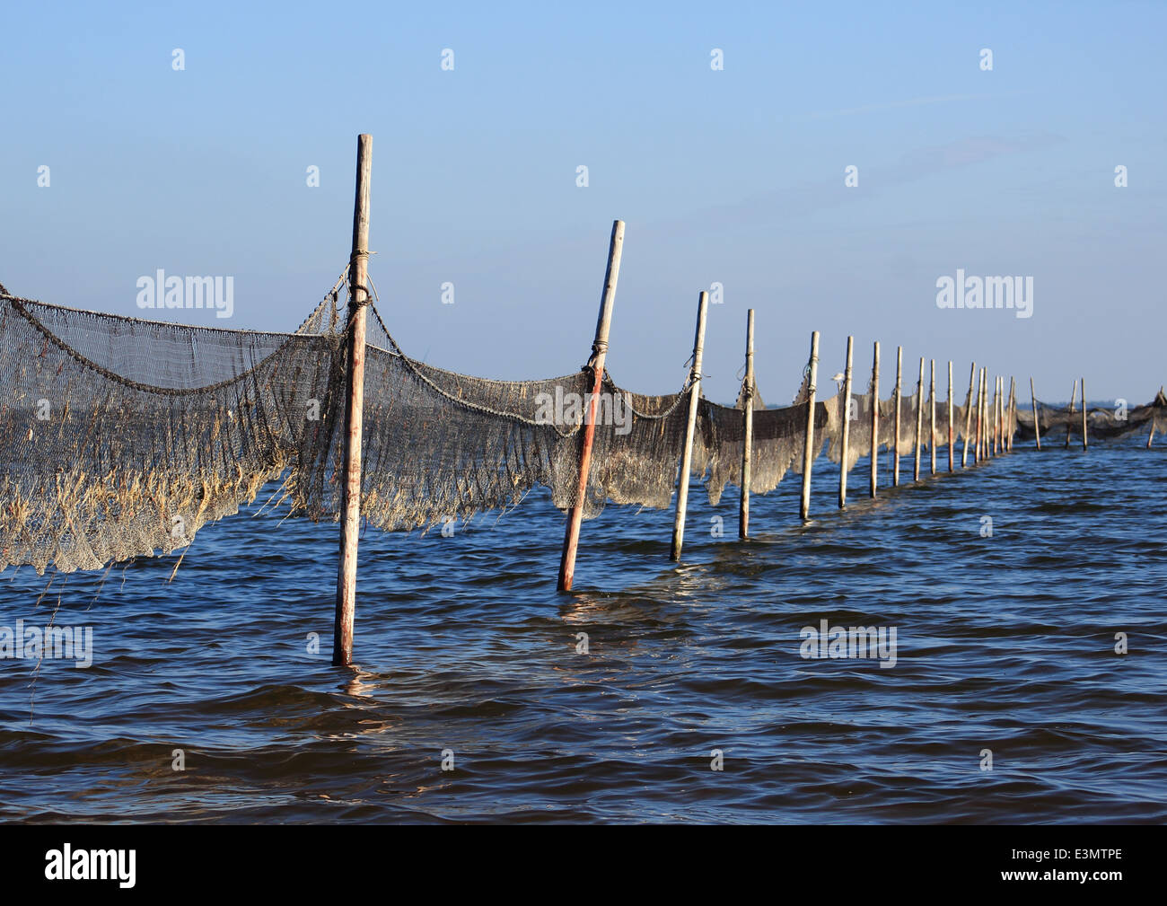Perspective view of fishing net mounted to wooden poles Stock Photo - Alamy