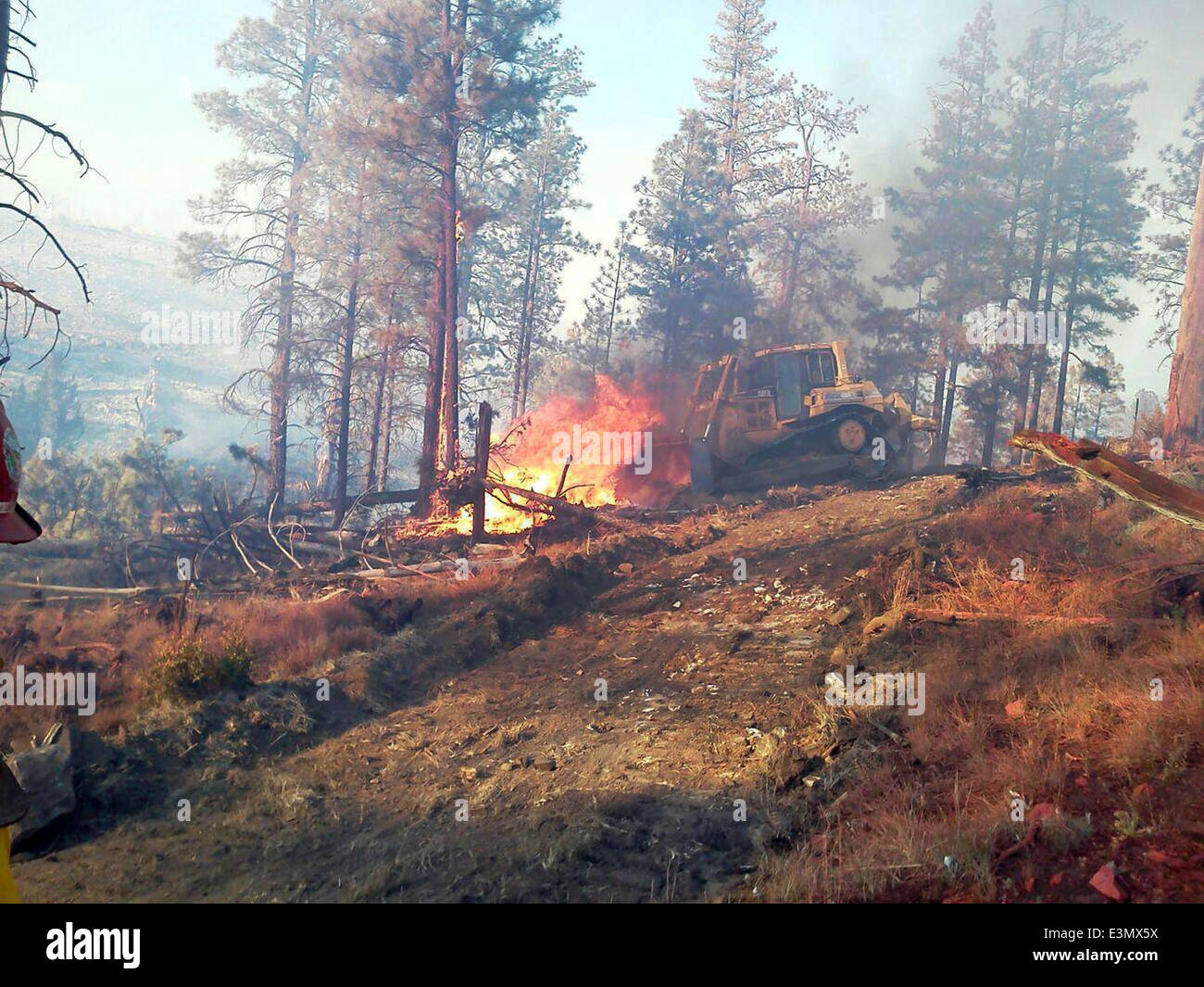 A bulldozer is used to create firebreaks and control the spread of the ...