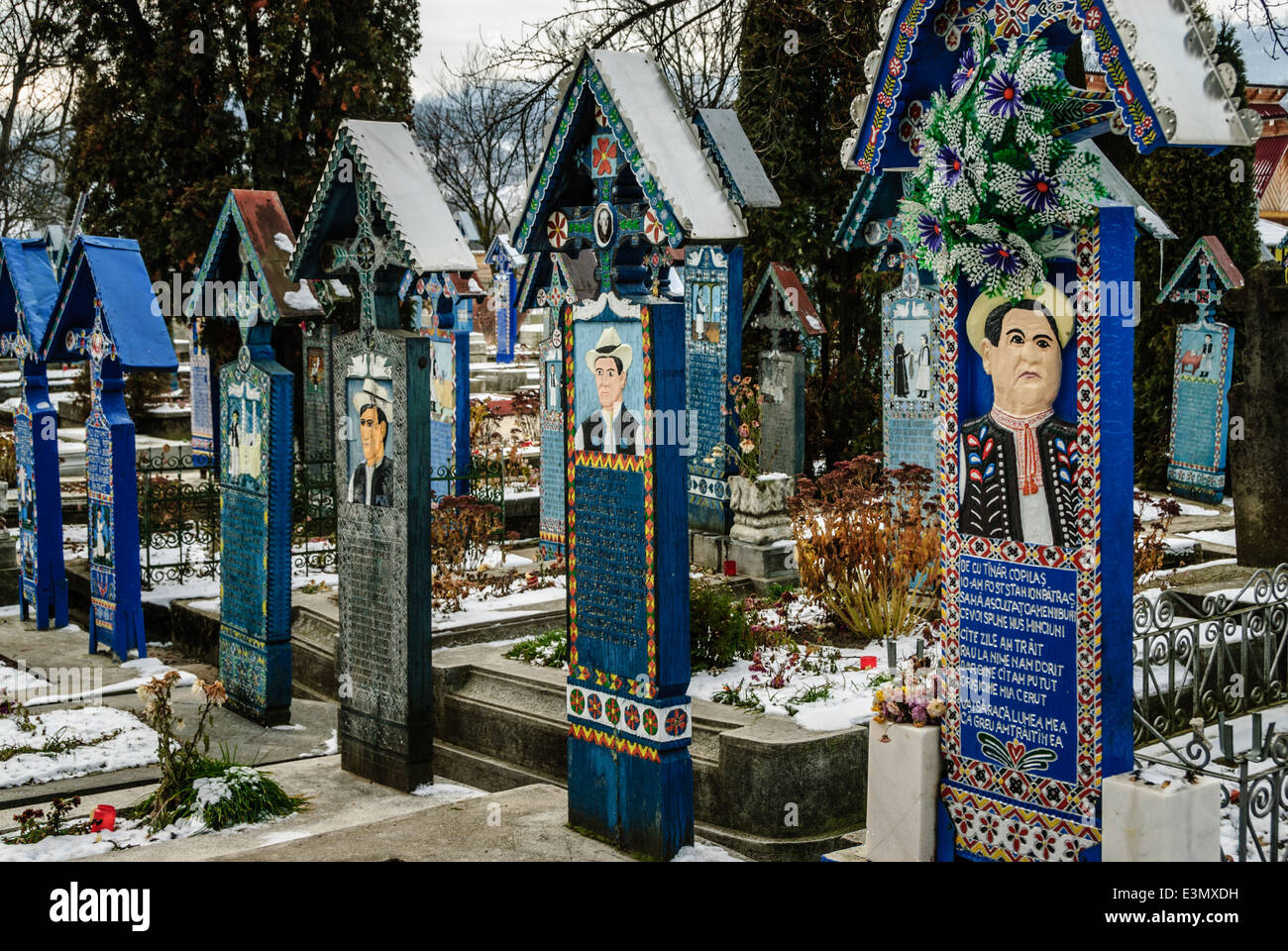 Tombs of the Merry Cemetery in winter, Sapanta, Romania, Europe Stock ...
