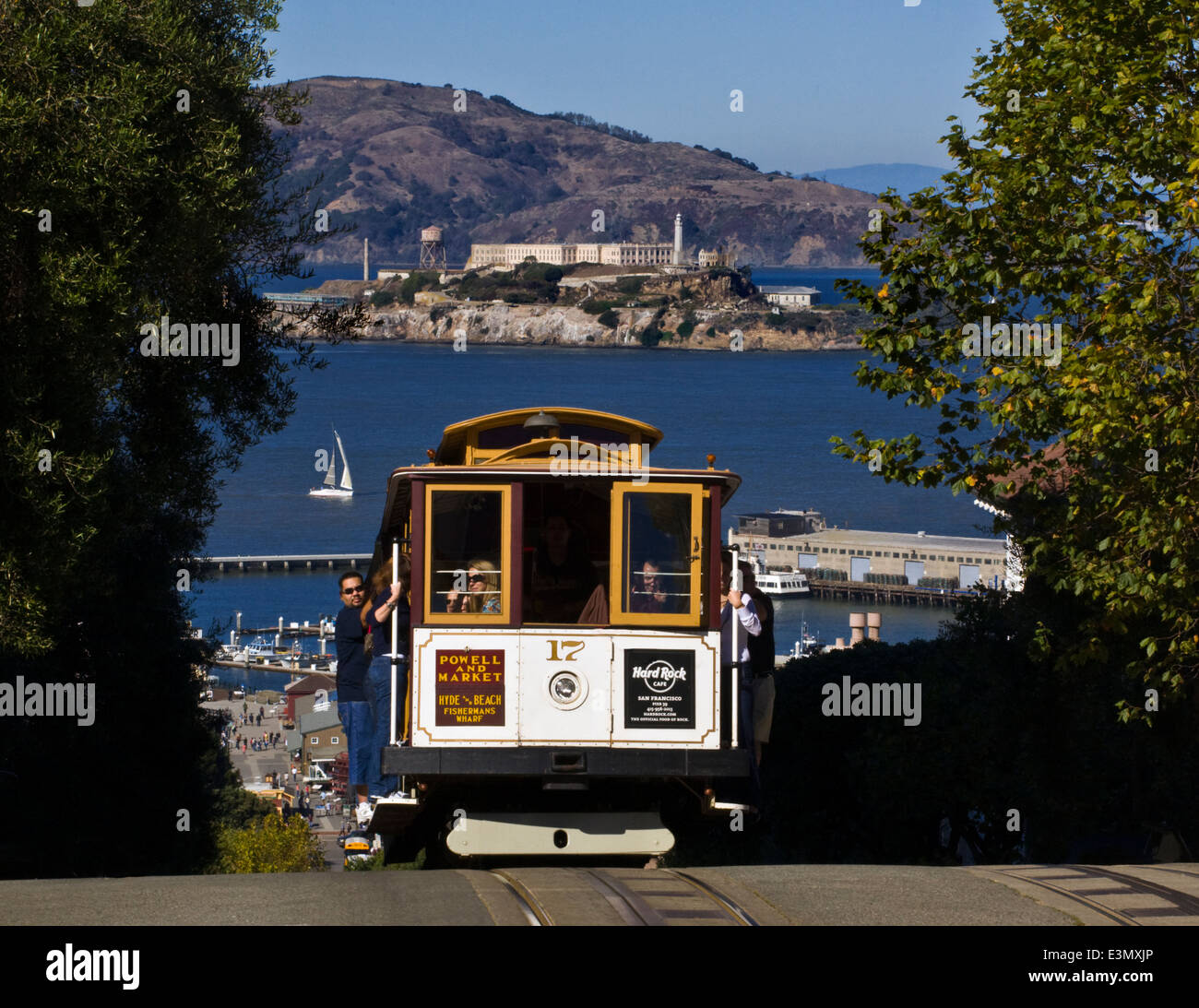 A POWELL and MARKET CABLE CAR with a view of ALCATRAZ ISLAND - SAN ...