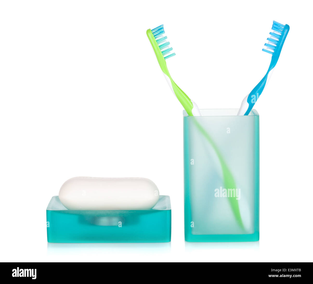 Two toothbrushes and soap. Isolated on white background Stock Photo - Alamy