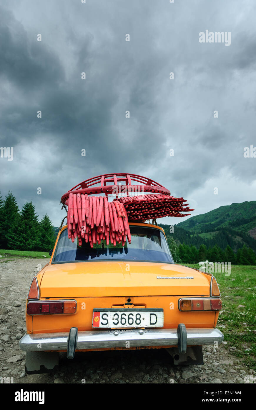 Car transporting a yurt to the mountains, Kyrgyzstan, Asia Stock Photo ...