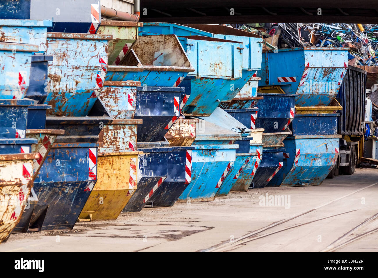 Rows of empty garbage tips stacked ready for use in collecting and ...